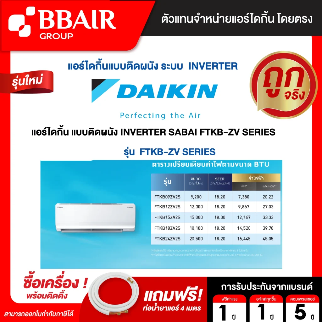 DAIKIN แบบติดผนัง INVERTER SABAI FTKB-ZV SERIES พร้อมติดตั้ง - BBAIR