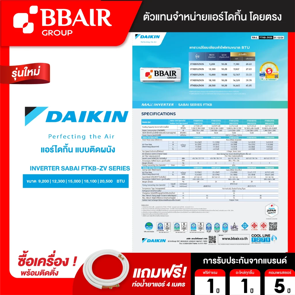 DAIKIN แบบติดผนัง INVERTER SABAI FTKB-ZV SERIES พร้อมติดตั้ง - BBAIR