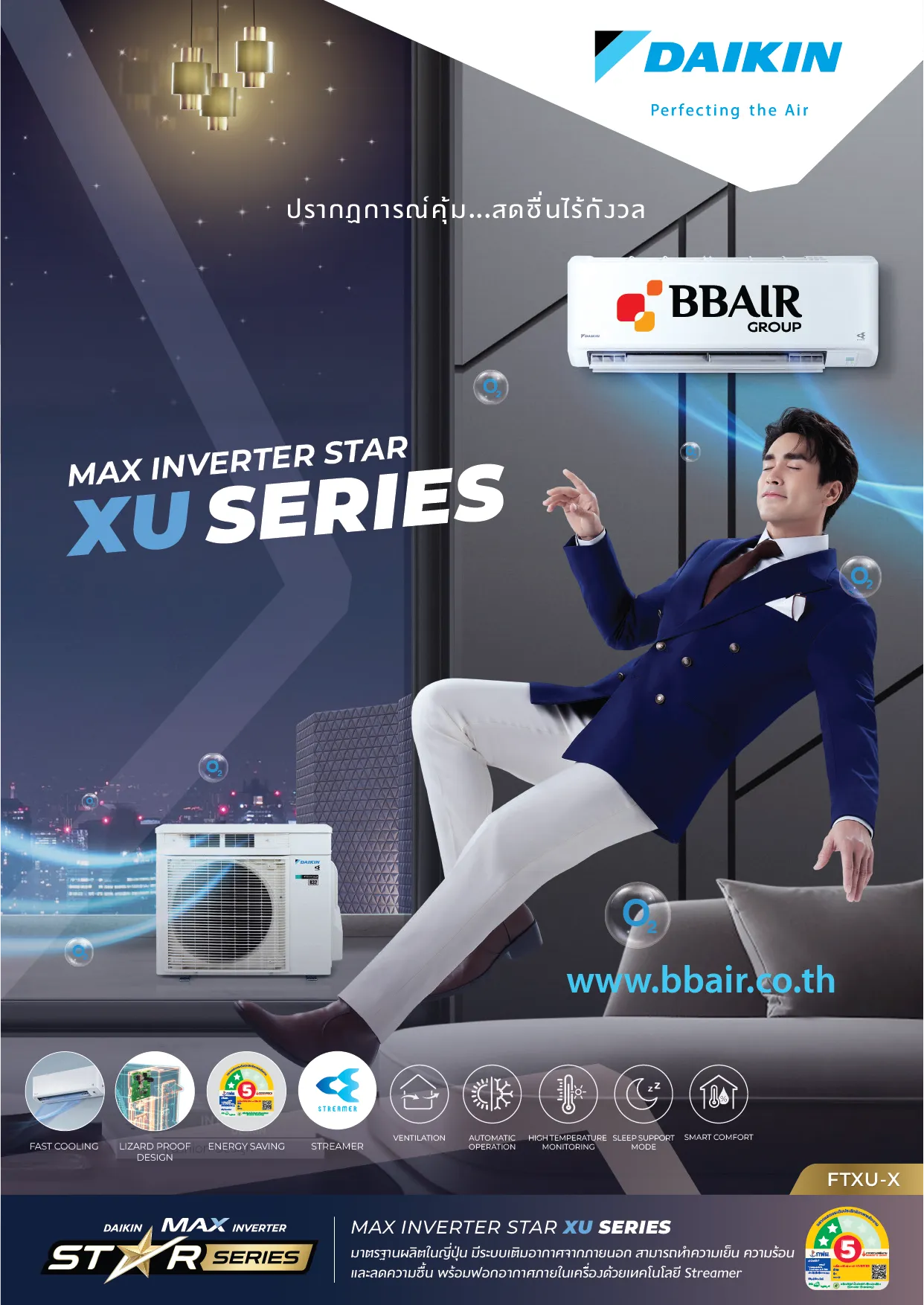 DAIKIN แบบติดผนัง อินเวอร์เตอร์ MAX INVERTER FTXU-XV SERIES พร้อมติดตั้ง – BBAIR