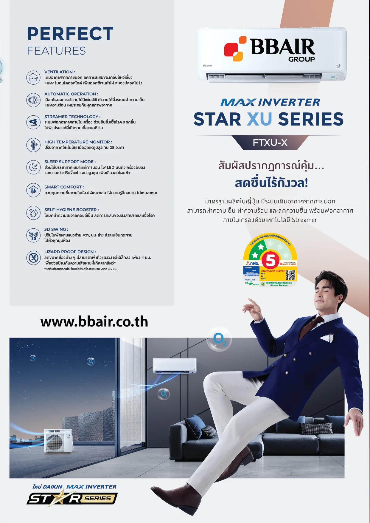 DAIKIN แบบติดผนัง อินเวอร์เตอร์ MAX INVERTER FTXU-XV SERIES พร้อมติดตั้ง – BBAIR