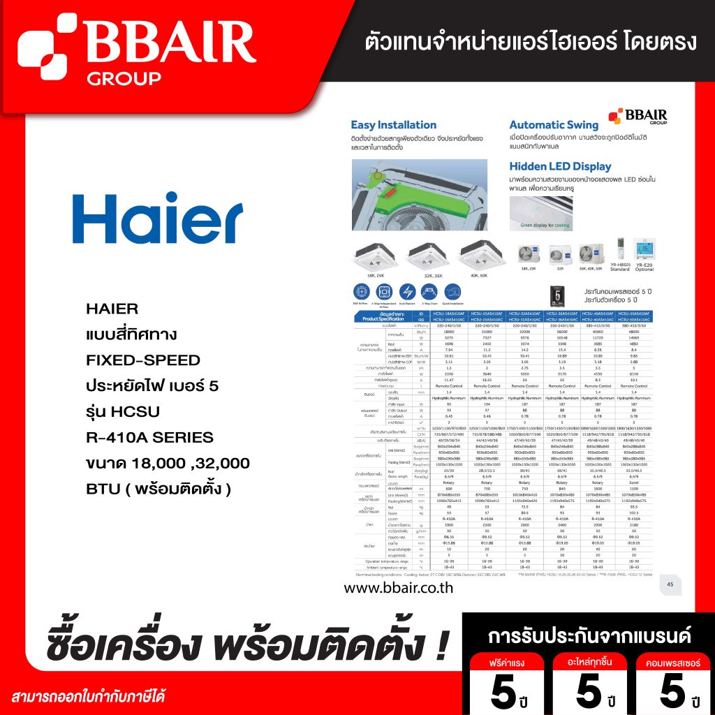 แอร์ไฮเออร์ แบบสี่ทิศทาง ROUND FLOW น้ำยาแอร์ R-410 พร้อมติดตั้ง